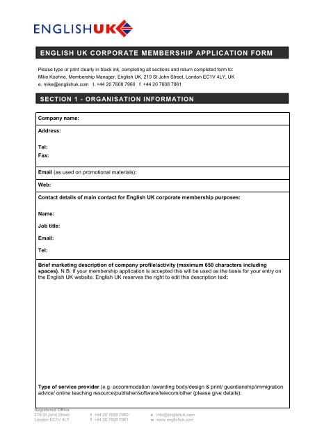 ENGLISH UK CORPORATE MEMBERSHIP APPLICATION FORM