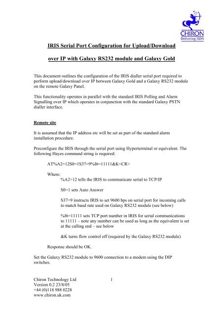 IRIS Serial Port Configuration for Upload/Download over IP with ...