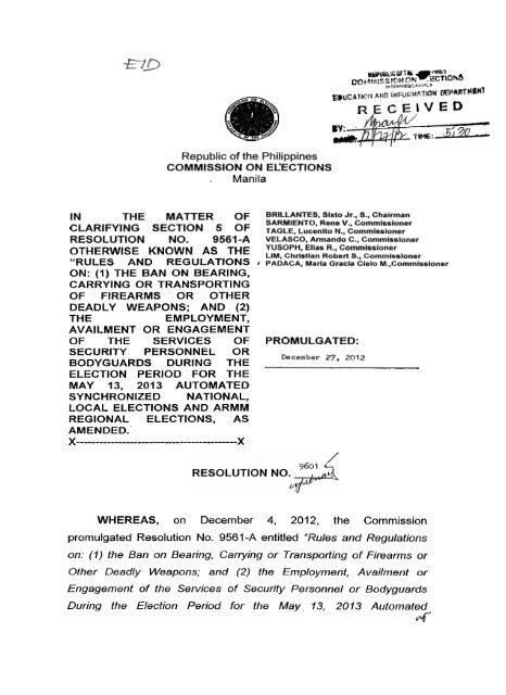COMELEC Resolution No. 9601 - PNP Directorate for Operations