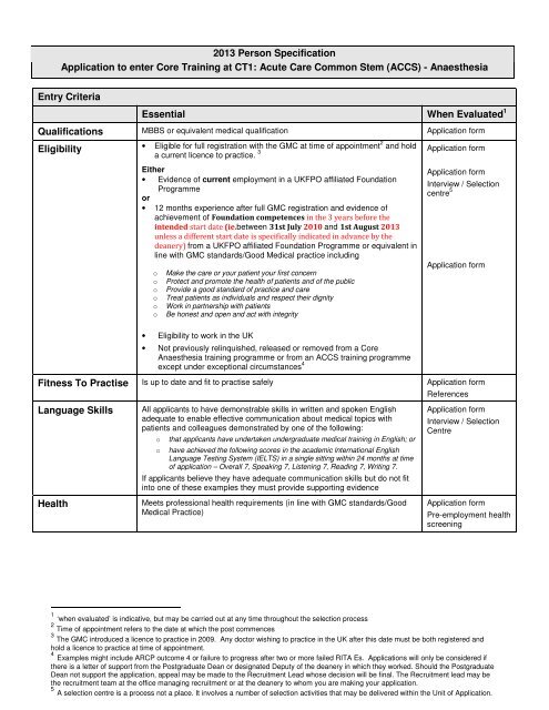 2013 Person Specification Application to enter Core Training ... - MMC