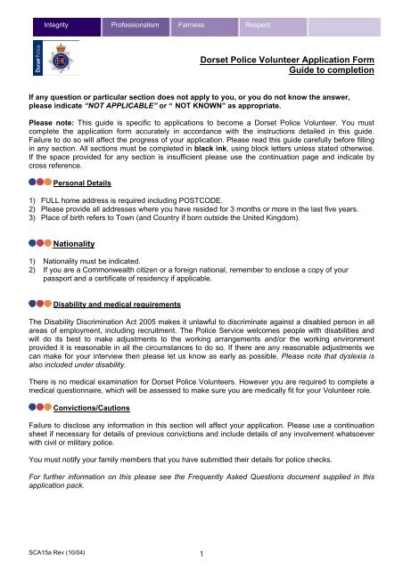 Guide to completing a Dorset Police Volunteer Application Form