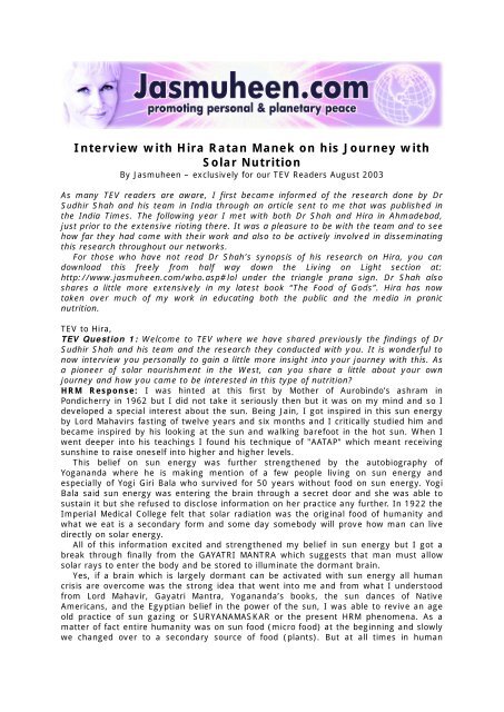 Interview with Hira Ratan Manek on his Journey with ... - Jasmuheen