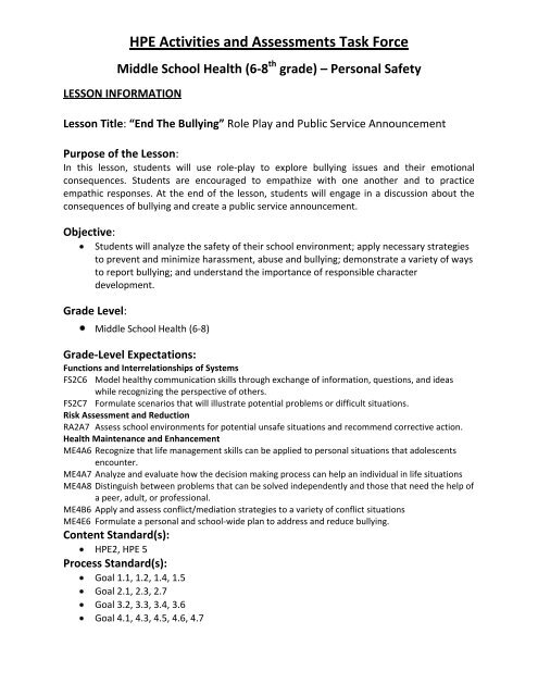 HPE Activities and Assessments Task Force Middle School Health