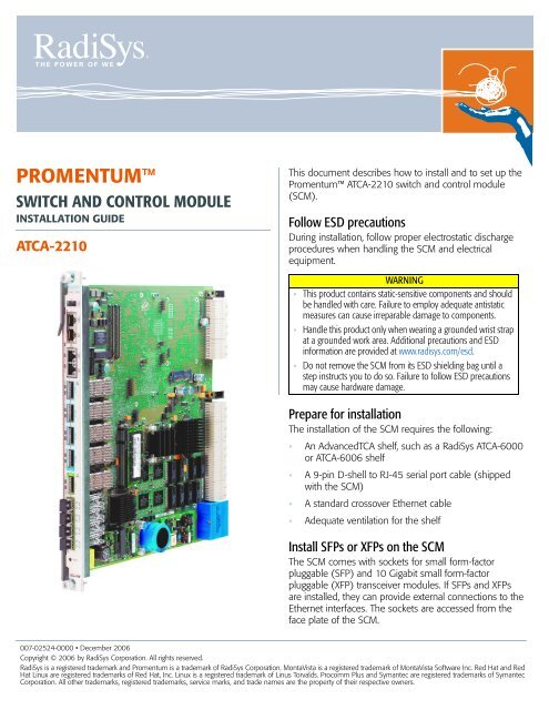 ATCA-2210 Switch and Control Module Installation Guide - Radisys