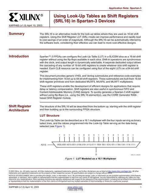 Xilinx XAPP465: Using Look-Up Tables as Shift Registers (SRL16 ...