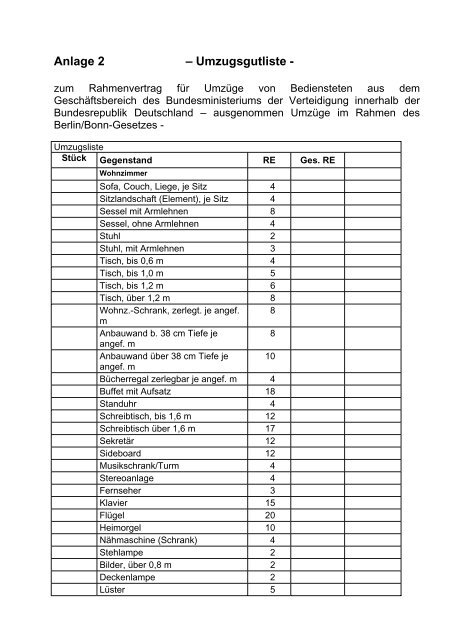 Anlage 2 â Umzugsgutliste