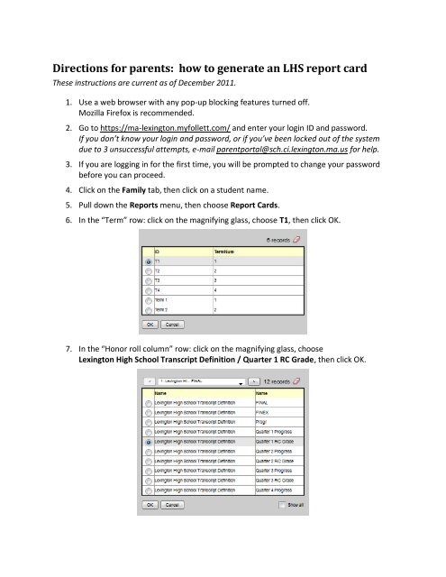 Directions for parents: how to generate an LHS report card