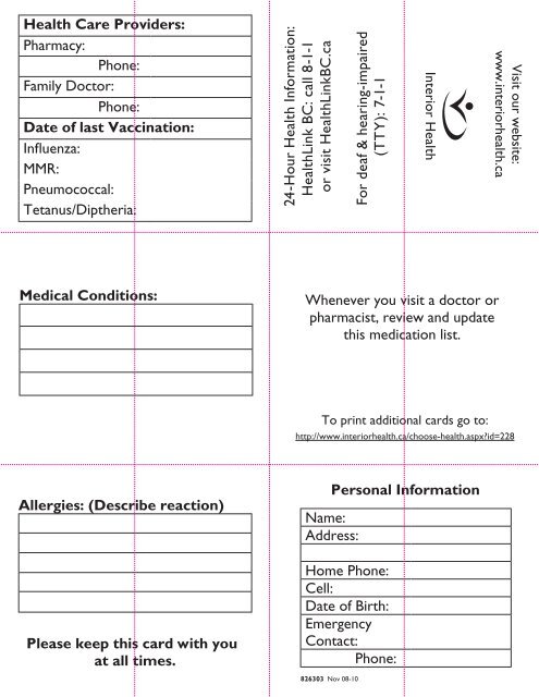 Personal Medication Card - Interior Health Authority