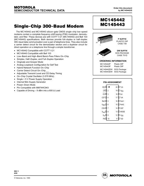 Single-Chip 300-Baud Modem MC145442 MC145443 - Sintesinet