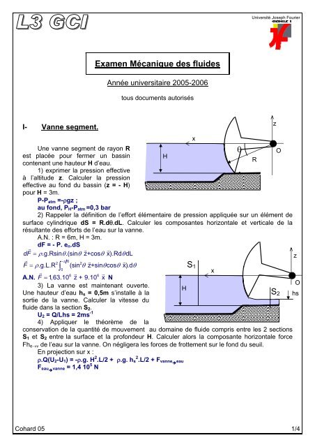 S2 S1 Examen Mécanique des fluides θ - LTHE