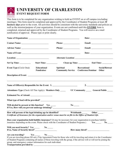 Off Campus Social Event Request Form - University of Charleston