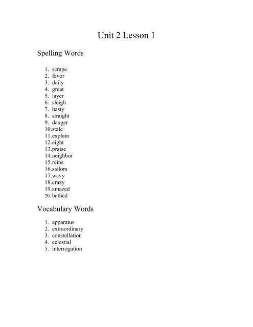 Unit 2 Spelling List