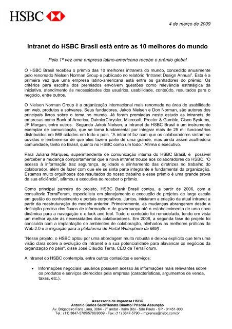 Intranet do HSBC Brasil estÃ¡ entre as 10 melhores do mundo