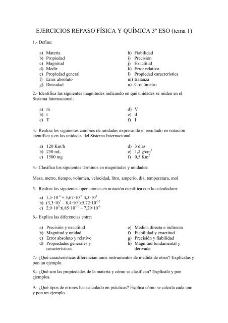 EJERCICIOS REPASO FÃ SICA Y QUÃ MICA 3Âº ESO ... - IES Rey Pastor