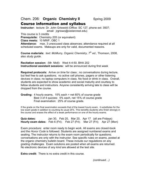 Chem. 206: Organic Chemistry II Course information and syllabus