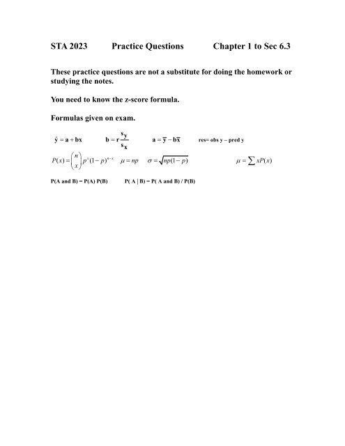 STA 2023 Practice Questions Chapter 1 to Sec 6.3 - Department of ...