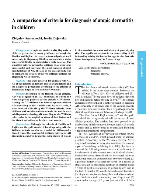 A comparison of criteria for diagnosis of atopic dermatitis ... - Springer