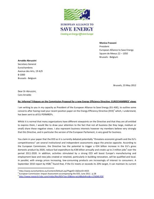 Letter to the Secretary General of EUROCHAMBERS Arnaldo ...