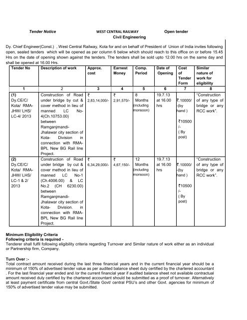 Page 1 Tender Notice WEST CENTRAL RAILWAY Open tender Civil ...