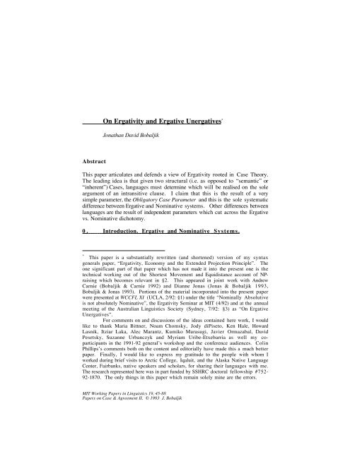 On Ergativity and Ergative Unergatives* - Jonathan Bobaljik