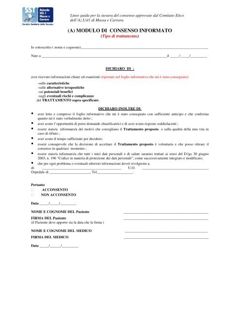 (A) MODULO DI CONSENSO INFORMATO - ASL 1 di Massa e Carrara