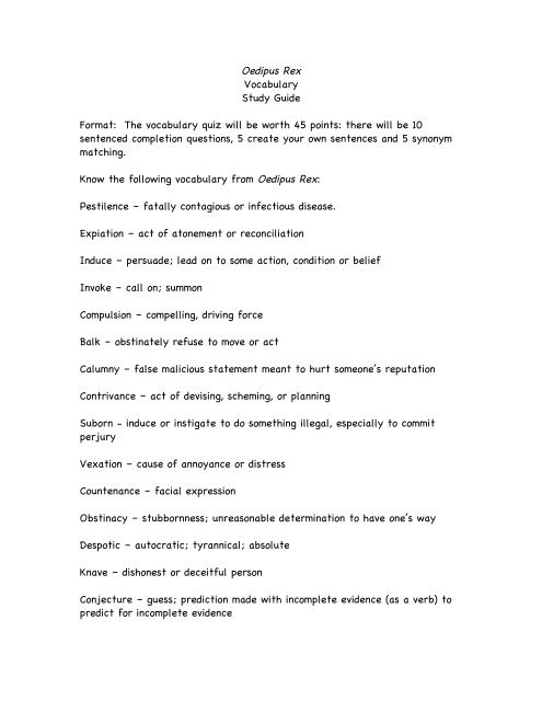 Oedipus Rex Vocabulary Study Guide Format: The vocabulary quiz ...