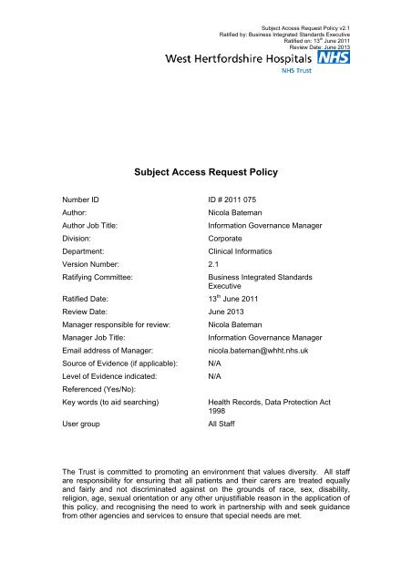 Subject Access Request Policy - West Hertfordshire Hospitals NHS ...