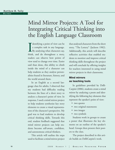 Mind Mirror Projects: A Tool for Integrating Critical Thinking into the ...