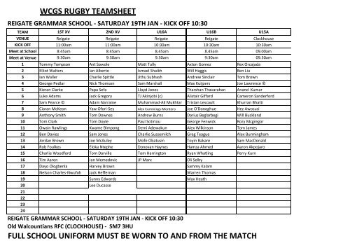 Reigate Grammar School Team Sheet - WCGS Sport