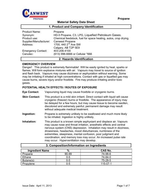 Material Safety Data Sheet (MSDS) - Canwest Propane