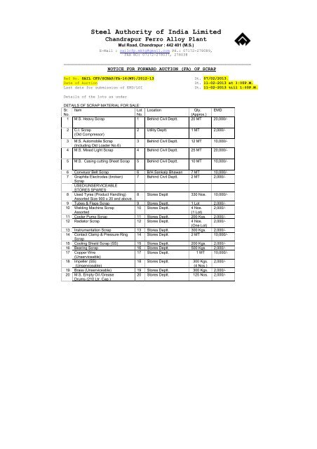 Steel Authority of India Limited Chandrapur Ferro ... - Metaljunction