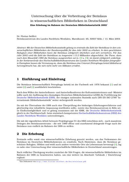 Untersuchung über die Verbreitung der Steinlaus in ... - Florian Seiffert