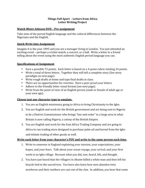 Things Fall Apart -â Letters from Africa Letter Writing Project Watch