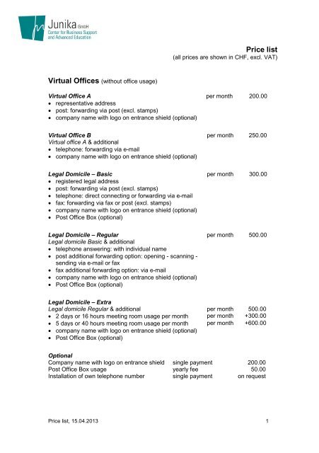 Office services price list - junika.ch