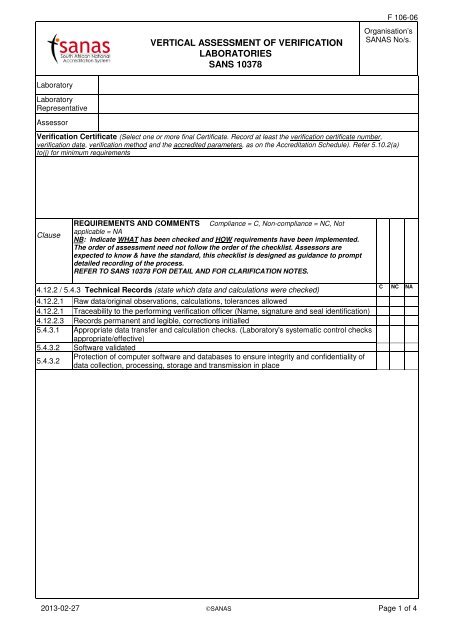 vertical assessment of verification laboratories sans 10378 - Sanas