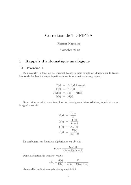exercice automatique corrigé fonction de transfert