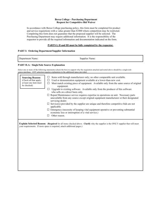 Request for Competitive Bid Waiver - Berea College