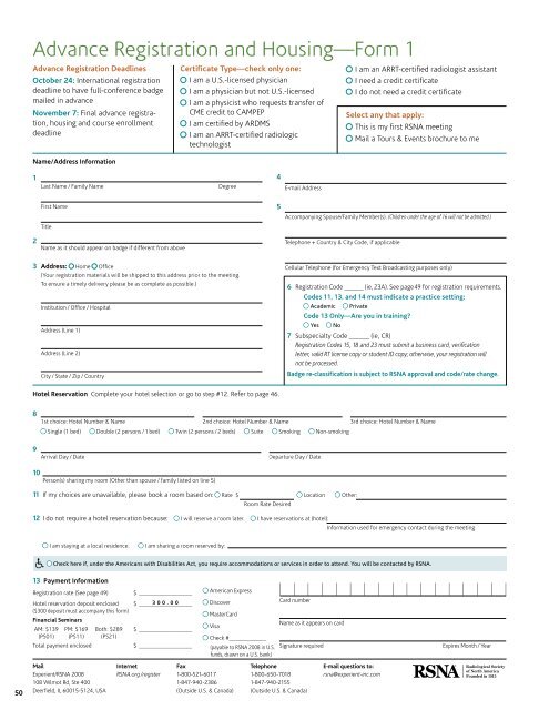 Advance Registration and Housingâ Form 1 - RSNA 2008