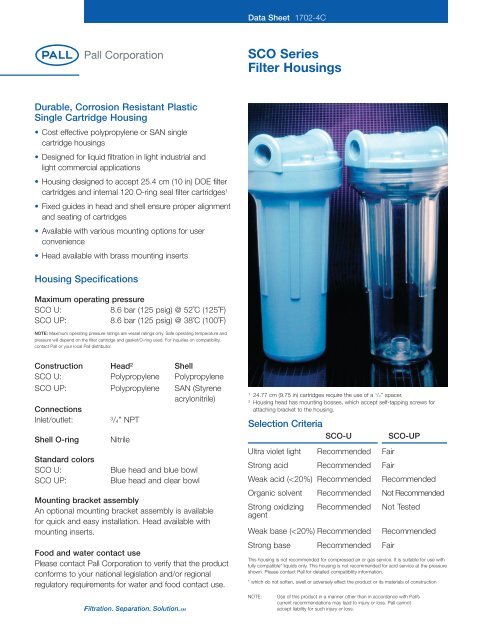 SCO Series Filter Housings - Pall Corporation (PLL)