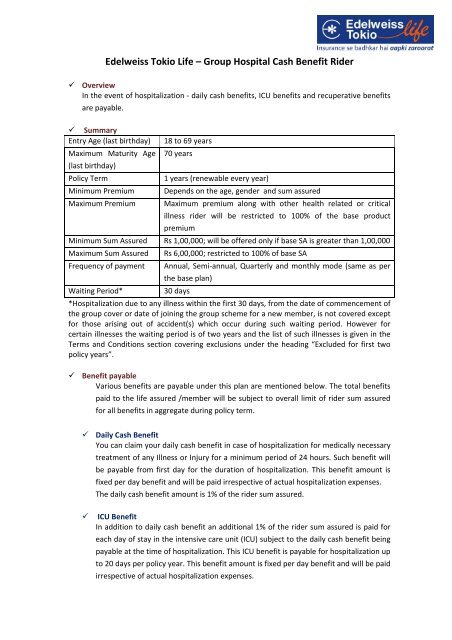 Group Hospital Cash Benefit Rider - Edelweiss Tokio Life Insurance
