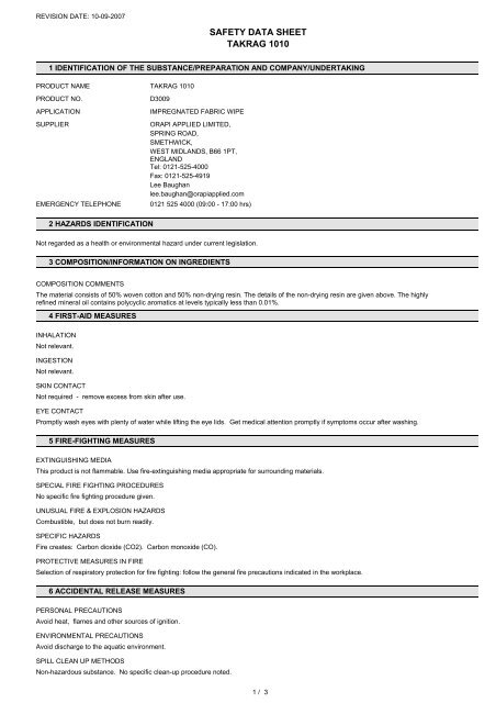 Tak Rag Datasheet - Safety Industries