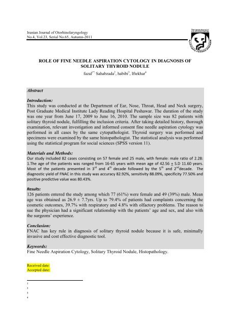 Role Of Fine Needle Aspiration Cytology In Diagnosis