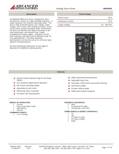 Analog Servo Drive B40A40 - Advanced Motion Controls