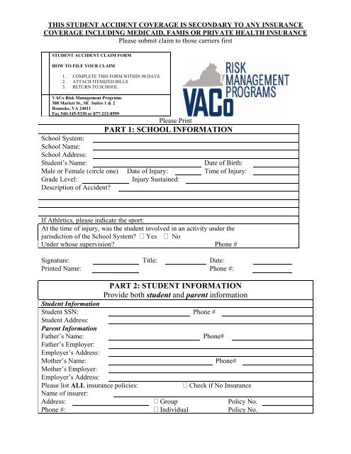 STUDENT ACCIDENT CLAIM FORM