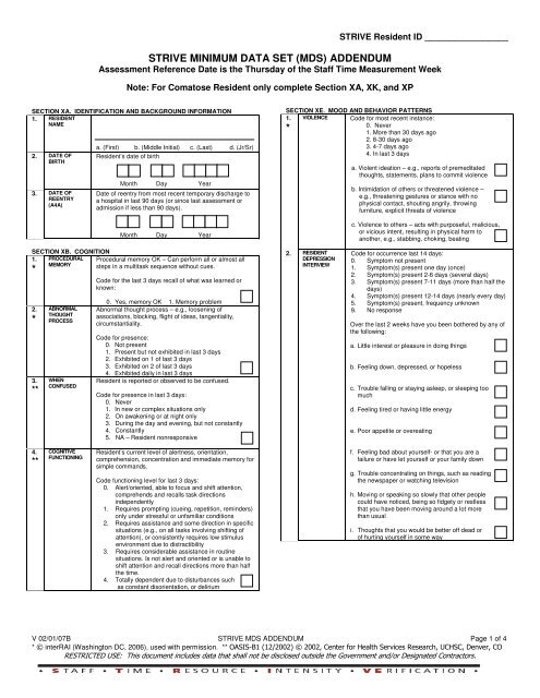 STRIVE MINIMUM DATA SET (MDS) ADDENDUM STRIVE MINIMUM DATA SET (MDS) ADDENDUM