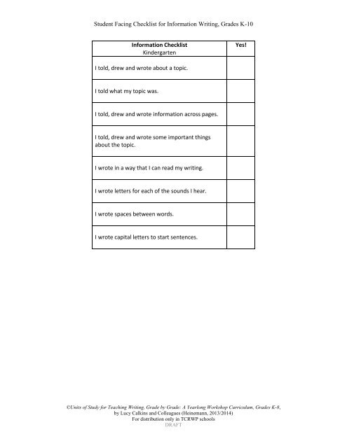 Student Facing Checklist for Information Writing, Grades K-10 ...