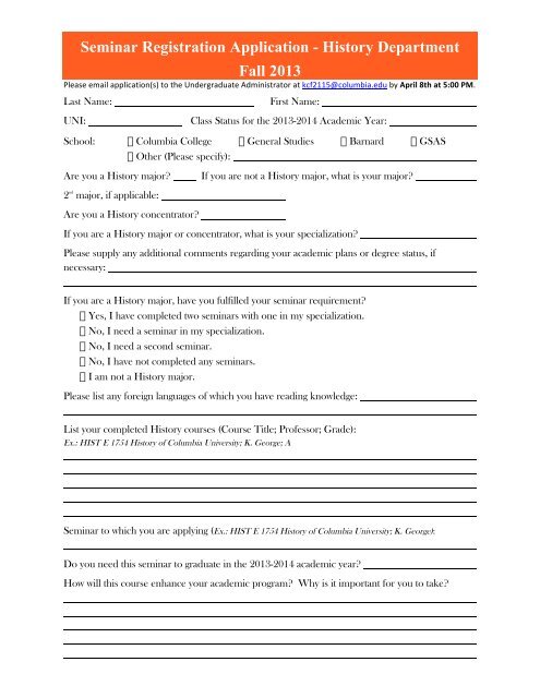 Seminar Application Form - Department of History - Columbia ...