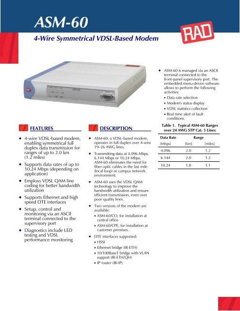 ASM-60 4-Wire Symmetrical VDSL-Based Modem - comtec