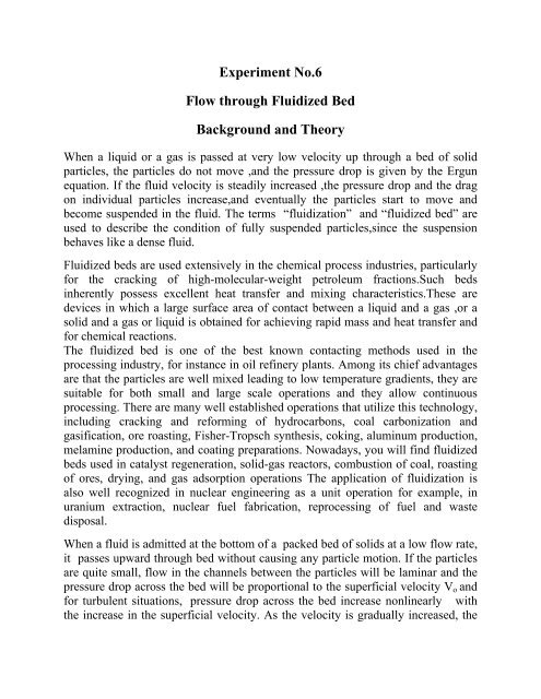 Experiment No.6 Flow through Fluidized Bed Background and Theory