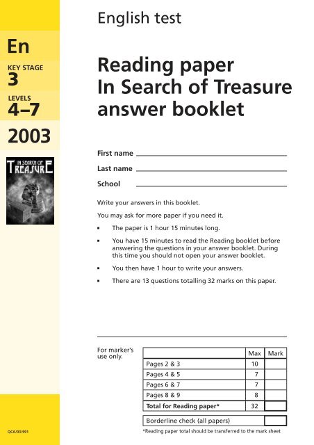 KS3 reading answer booklet - Test Papers